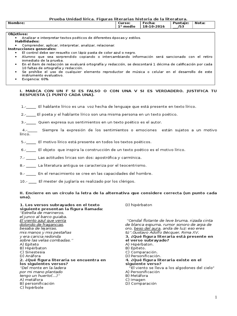 Prueba de Figuras Literarias 1° Medio | PDF | Rima | Poesía