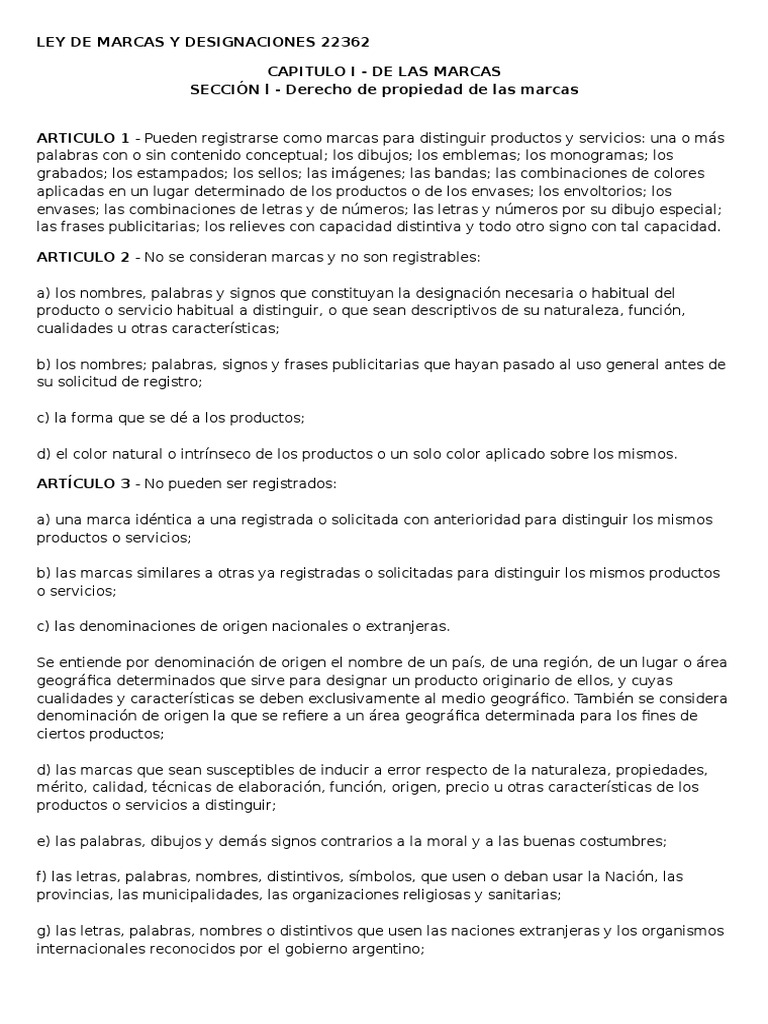 Ley de Marcas y Designaciones 22362 | PDF | Marca comercial | Demanda ...