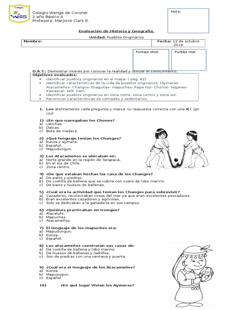 Prueba de Historia y G. Pueblos Originarios | PDF | Pueblos Indígenas ...