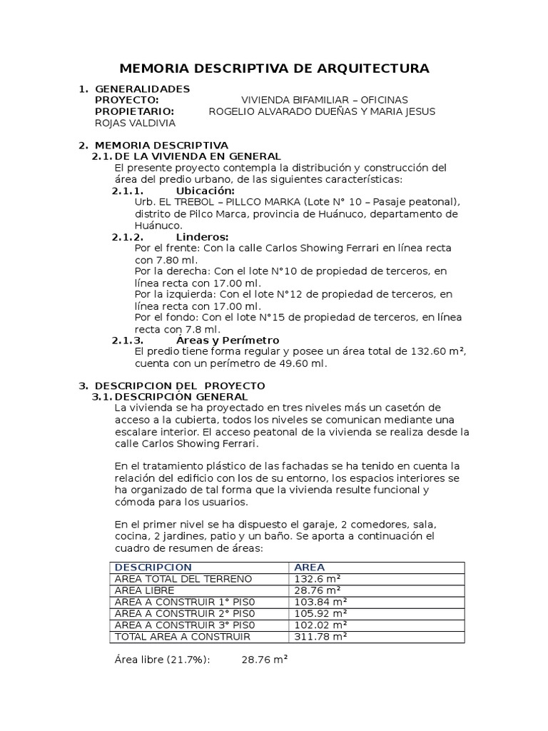 Memoria Descriptiva de Arquitectura | PDF | Diseño arquitectonico | Arquitectura