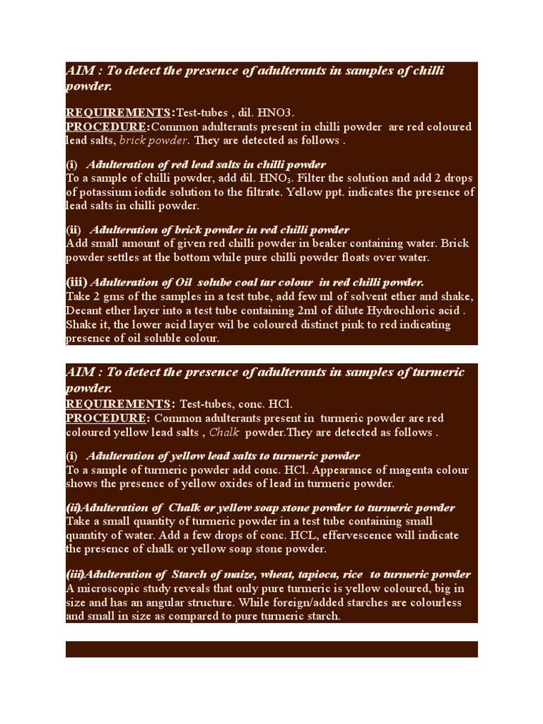 Detection of Common Adulterants in Chilli Powder, Turmeric Powder, and ...