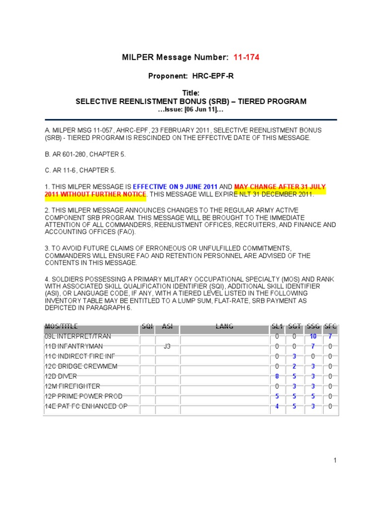 SELECTIVE REENLISTMENT BONUS (SRB) - TIERED PROGRAM (MILPER Message 11 ...