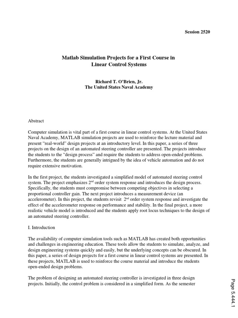 Matlab Simulation Projects For A First Course in Linear Control Systems ...