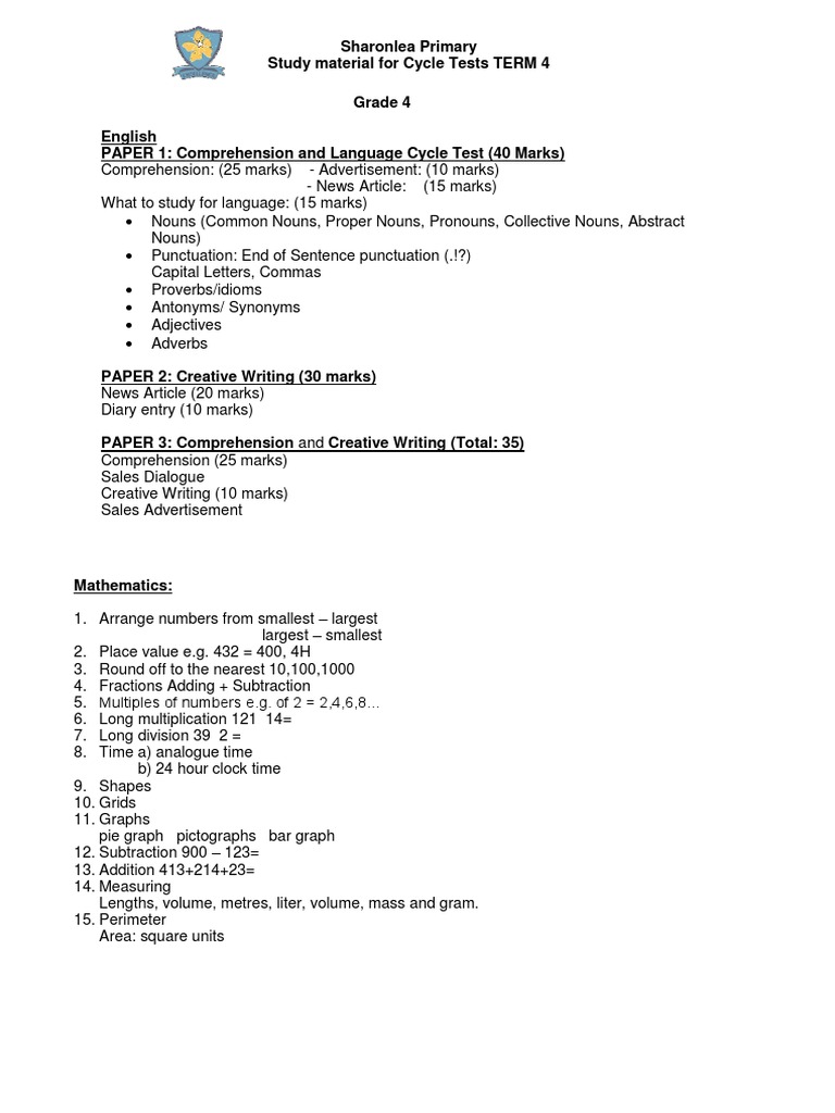 Grade 4 Study Guide Term 4 2016 | PDF