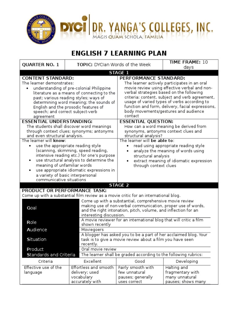 English 7 Learning Plan | Nonverbal Communication | Vocabulary | Free ...