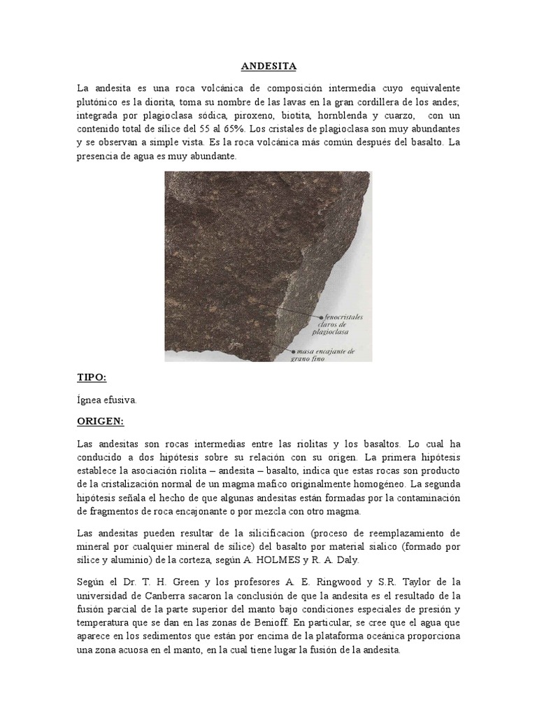 Características de la Andesita Volcánica | PDF | Basalto | Roca ígnea