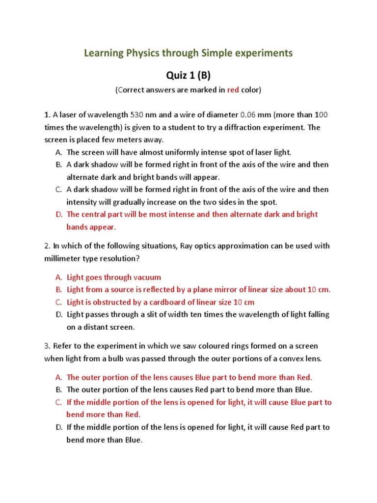 Learning Physics Through Simple Experiments: Quiz 1 (B) | PDF | Lens ...
