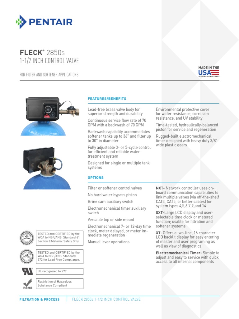 Fleck 2850s Spec Sheet | PDF | Valve | Timer