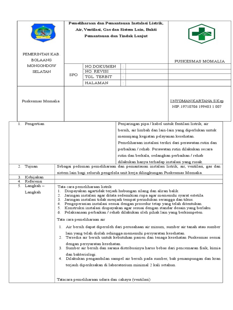 8.5.1.2 SOP Pemeliharaan Dan Pemantauan Instalasi Listrik, Air, Ventilasi, Gas Dan Sistem Lain ...