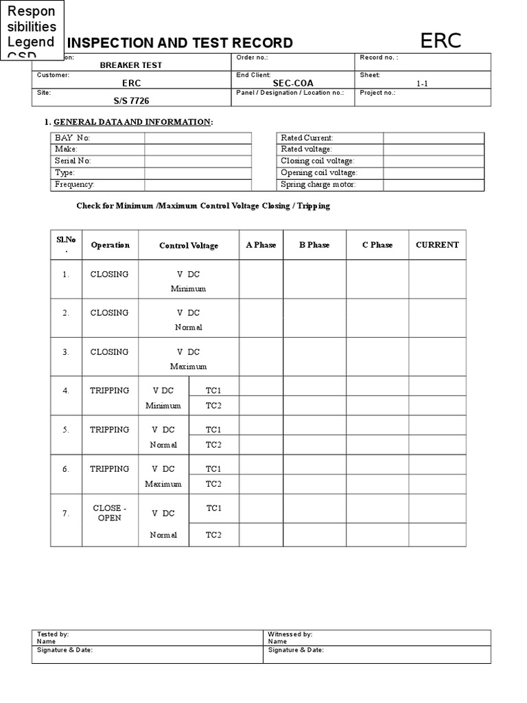 Site Inspection and Test Record: ERC Sec-Coa S/S 7726 1. General Data ...