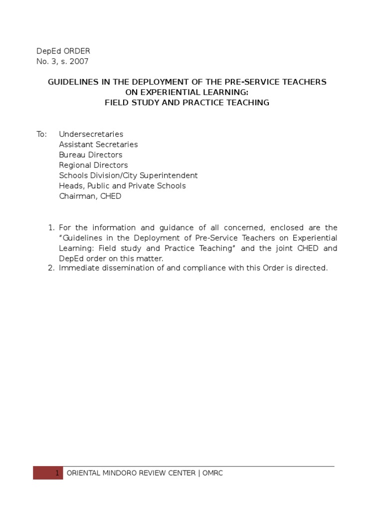 Guidelines for the Deployment of Pre-Service Teachers on Experiential ...