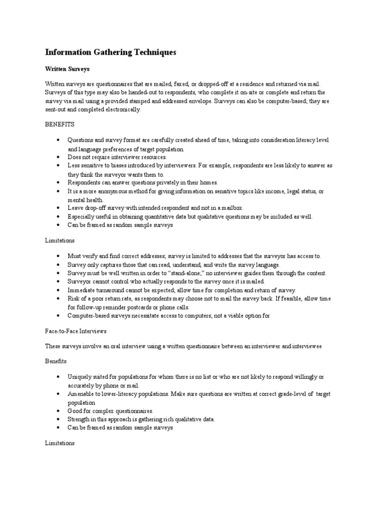 Information Gathering Techniques | PDF | Focus Group | Survey Methodology