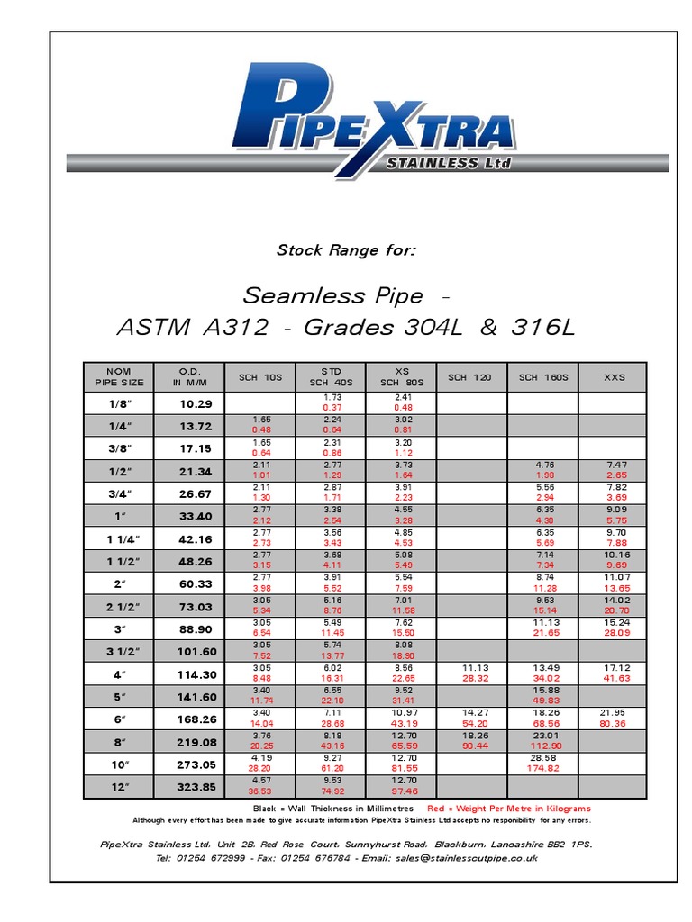 Seamless Pipe - ASTM A312 - Grades 304L & 316L: Stock Range For | PDF