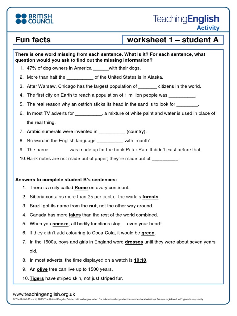 Fun Facts Worksheet 1 - Student A: Activity | PDF
