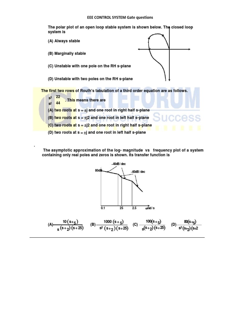EEE CONTROL SYSTEM Gate Questions: 40dB / Dec 80dB 60dB / Dec | PDF