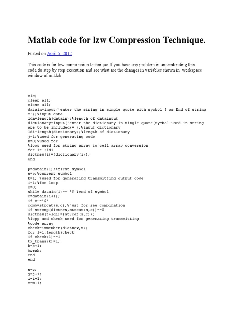 Matlab Code For LZW Compression | PDF