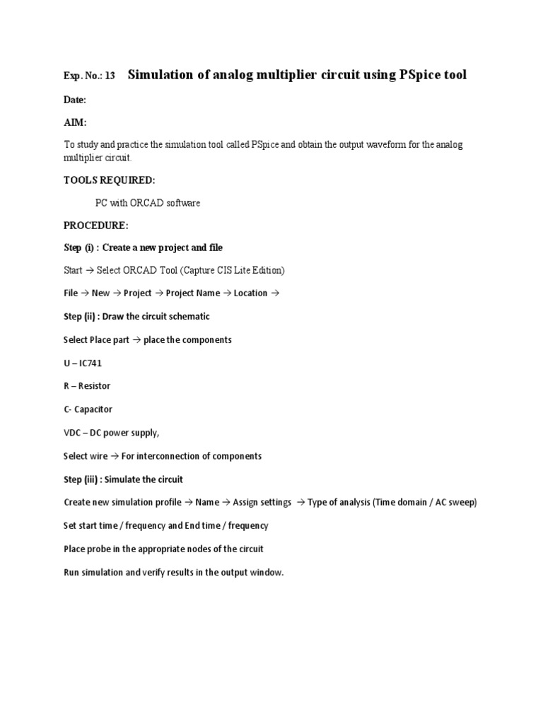 Simulation of Analog Multiplier Circuit Using Pspice Tool | PDF