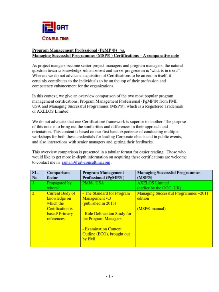 PGMP Vs MSP A High Level Comparison Note | PDF | Project Management ...