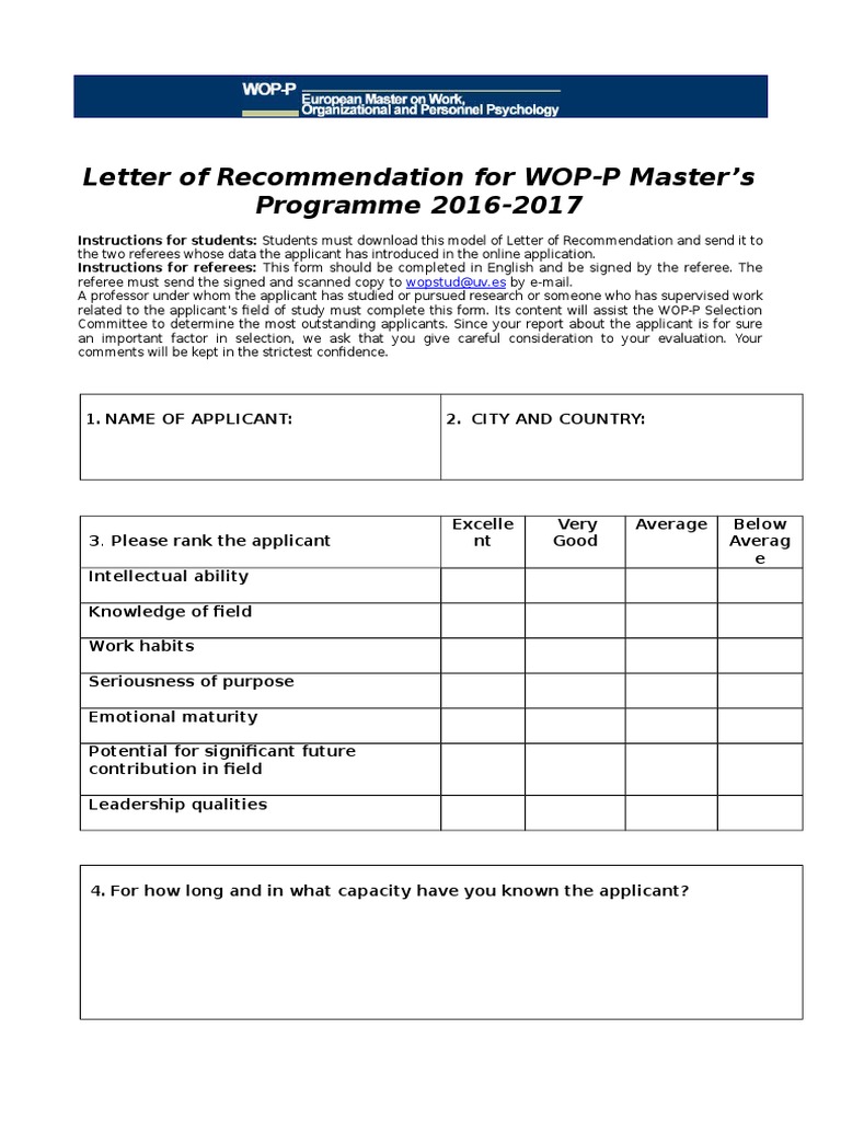 WOP Model of Recommendation Letter | PDF