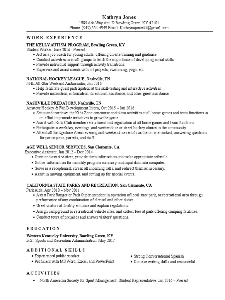 Kathryn Jones Resume | PDF | Sports | Leisure