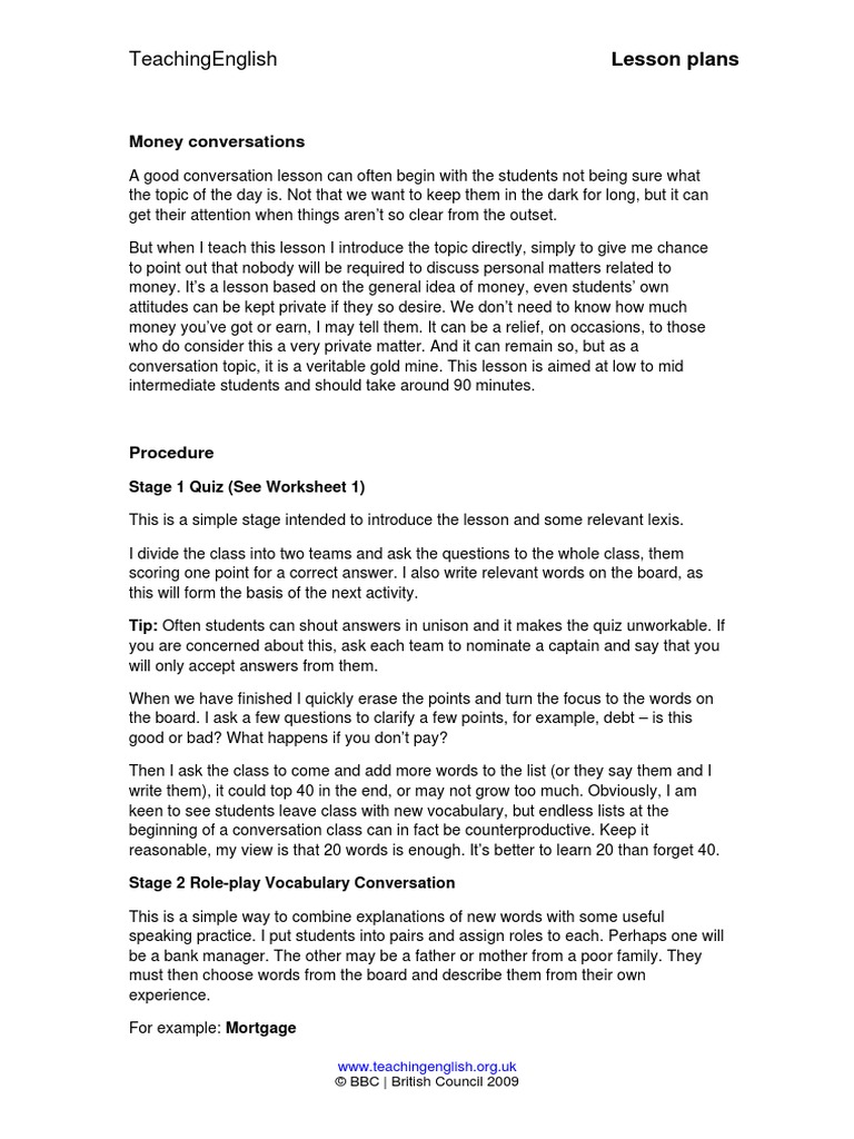Money Conversations Lesson Plan | PDF | Lesson Plan | Vocabulary