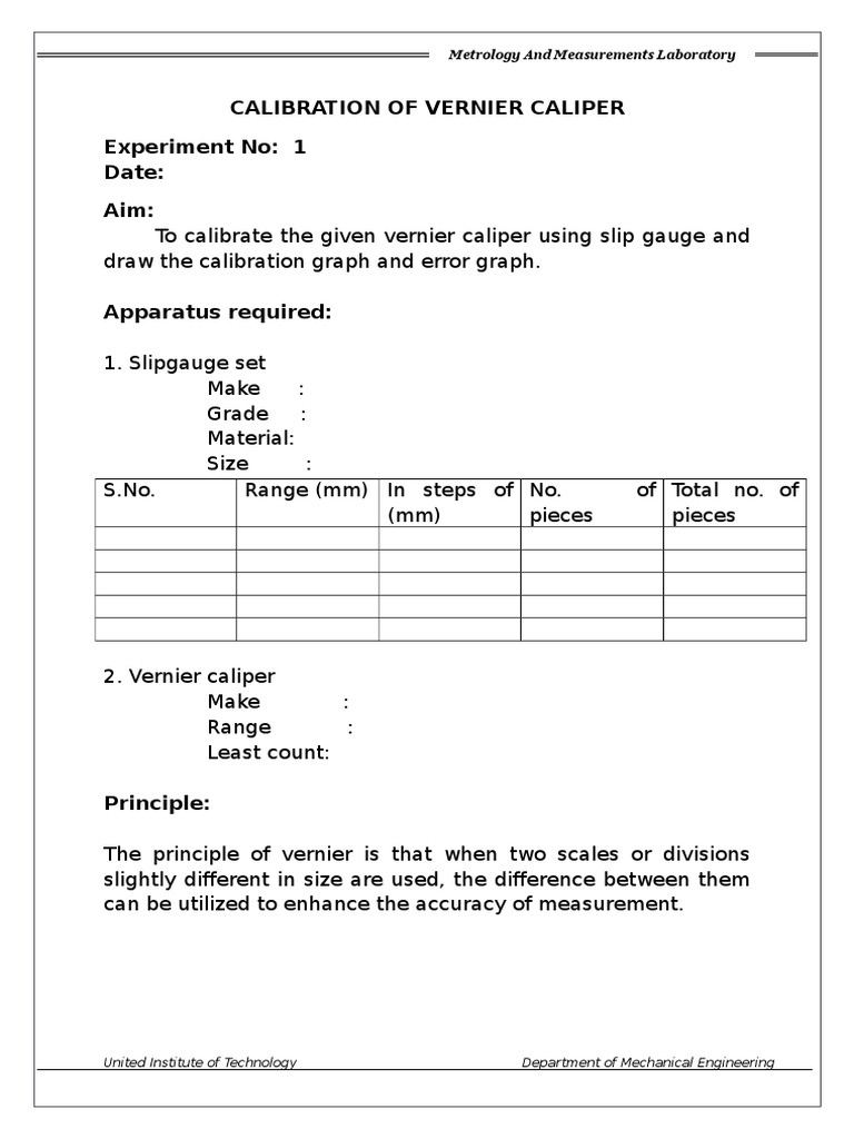 Expt 1 - Calibration of Vernier Caliper | PDF | Calibration | Measurement