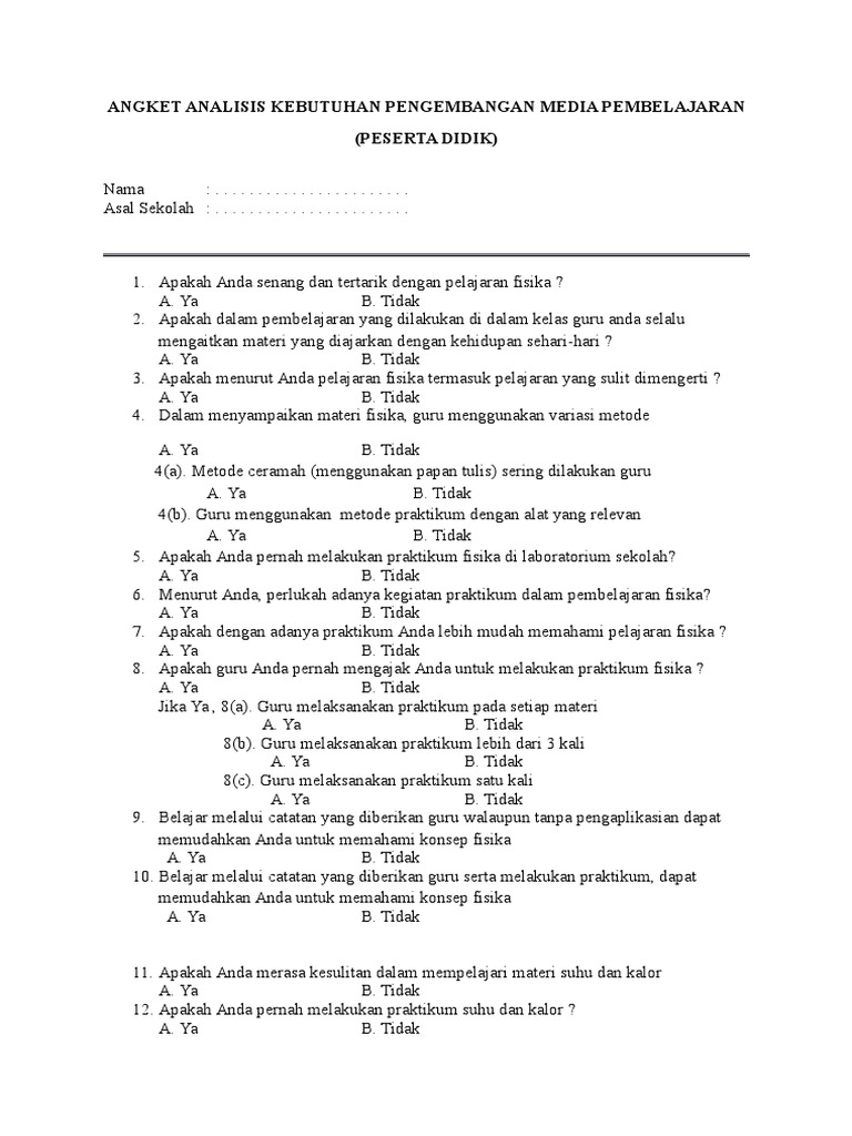 Angket Analisis Kebutuhan Pengembangan Media Pembelajaran | PDF | Seni & Disiplin Bahasa ...