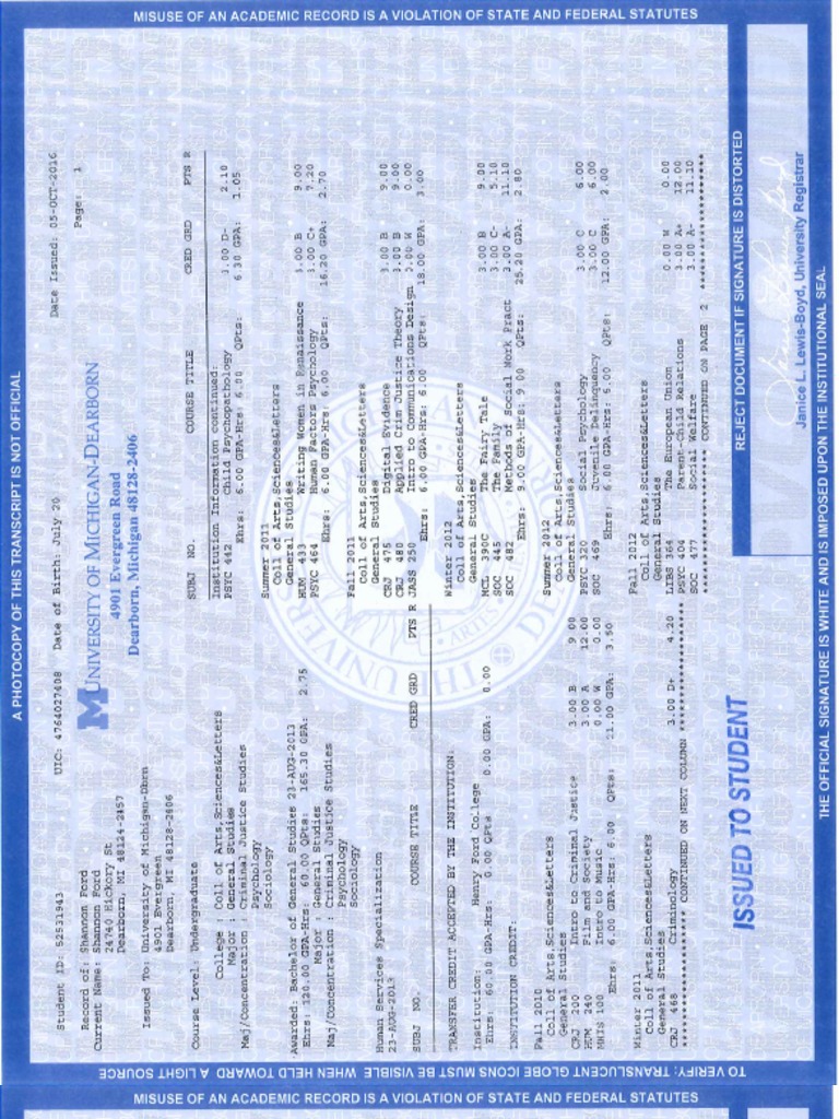 University of Michigan Transcript | PDF