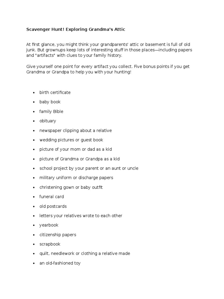 Scavenger Hunt | PDF | Grandparent | Family