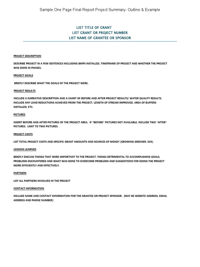 2014 - Sample One Page Final Report Project Summary - Outline & Example ...