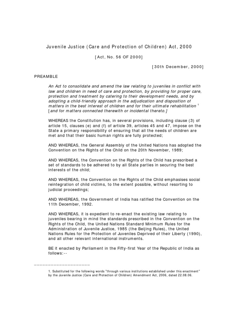 Juvenile Justice Care and Protection of Children Act 2000 PDF | PDF ...