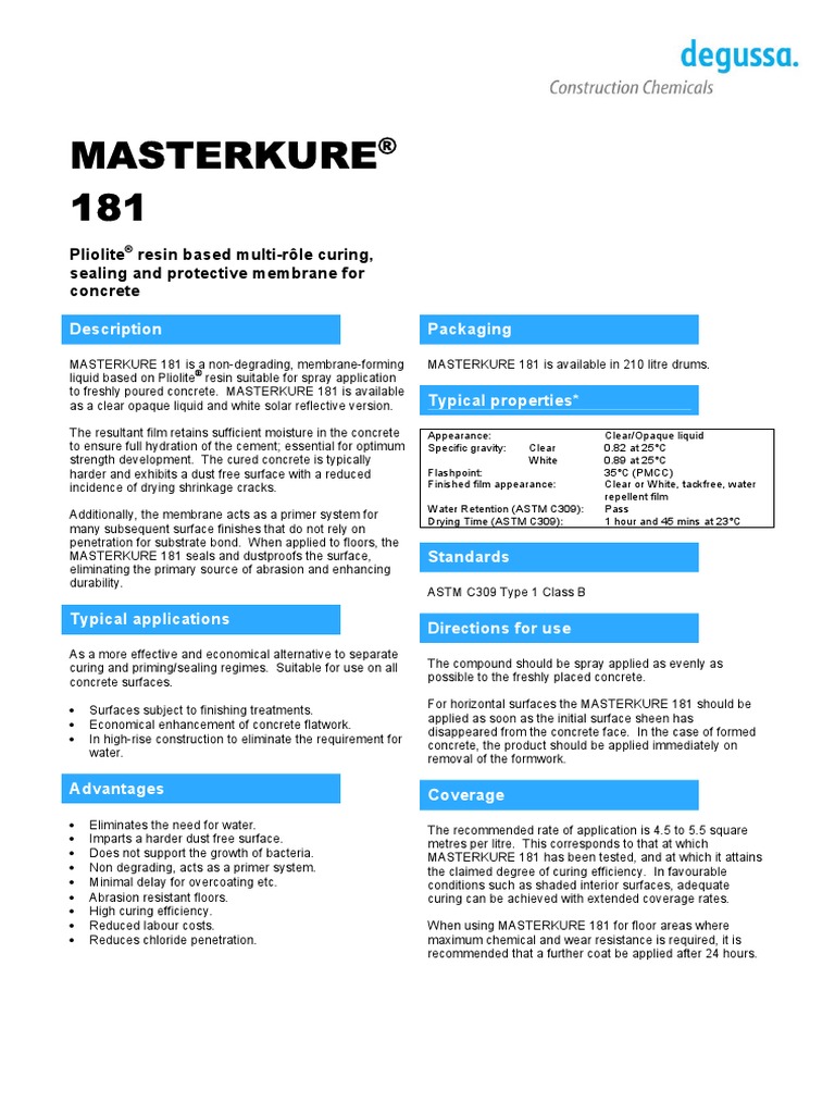 TDS - Masterkure 181 | PDF | Concrete | Paint