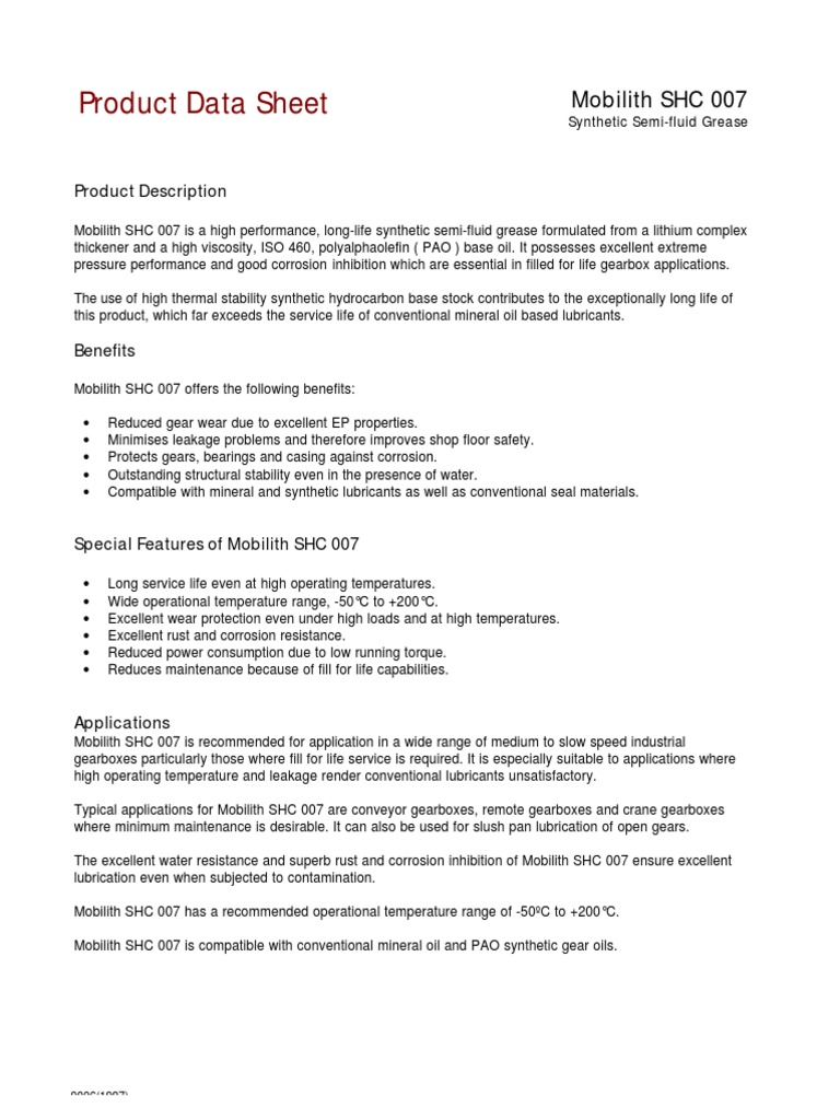 Mobilith SHC 007 Pds | PDF | Lubricant | Materials