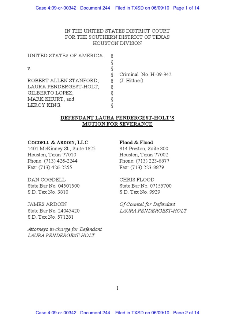 Stanford Co-Defendant's Motion To Sever Trial | PDF | Prejudice (Legal ...