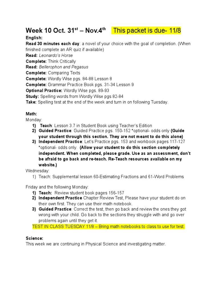 Week 10 Homework and Lesson Plan | PDF | Language Arts & Discipline