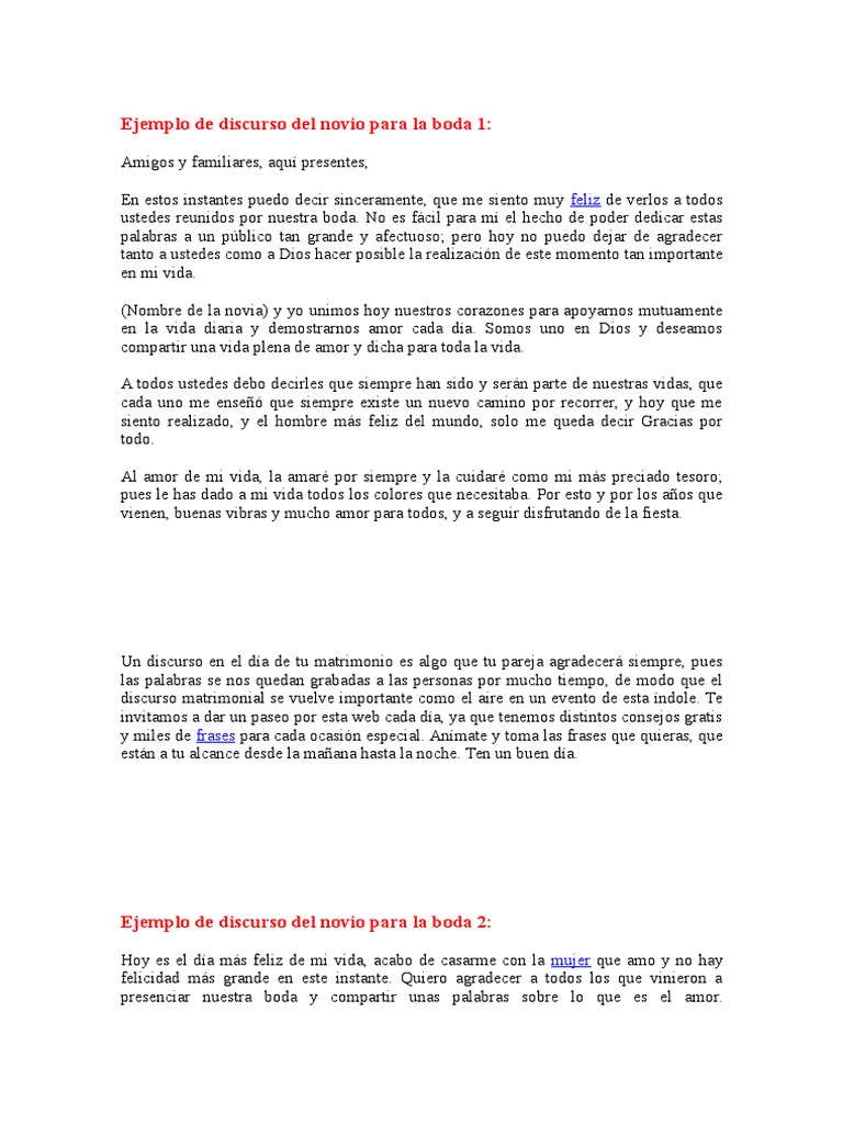 Ejemplo de Discurso Del Novio para La Boda 1 | PDF | Boda | Amor Ejemplo de Discurso Del Novio para La Boda 1 | PDF | Boda | Amor