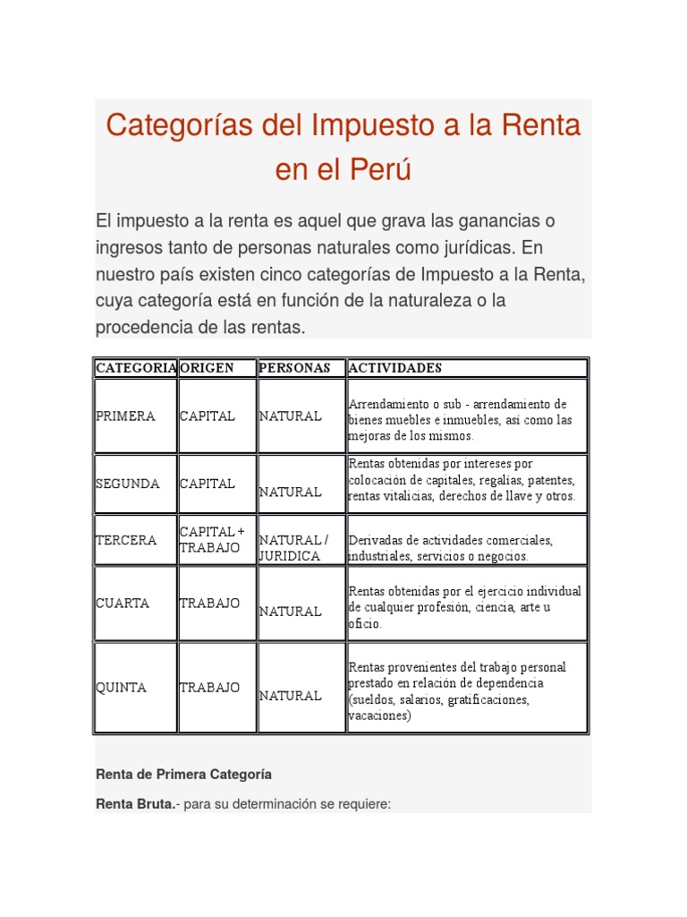 Categorías Del Impuesto A La Renta Impuesto Sobre La Renta Impuestos