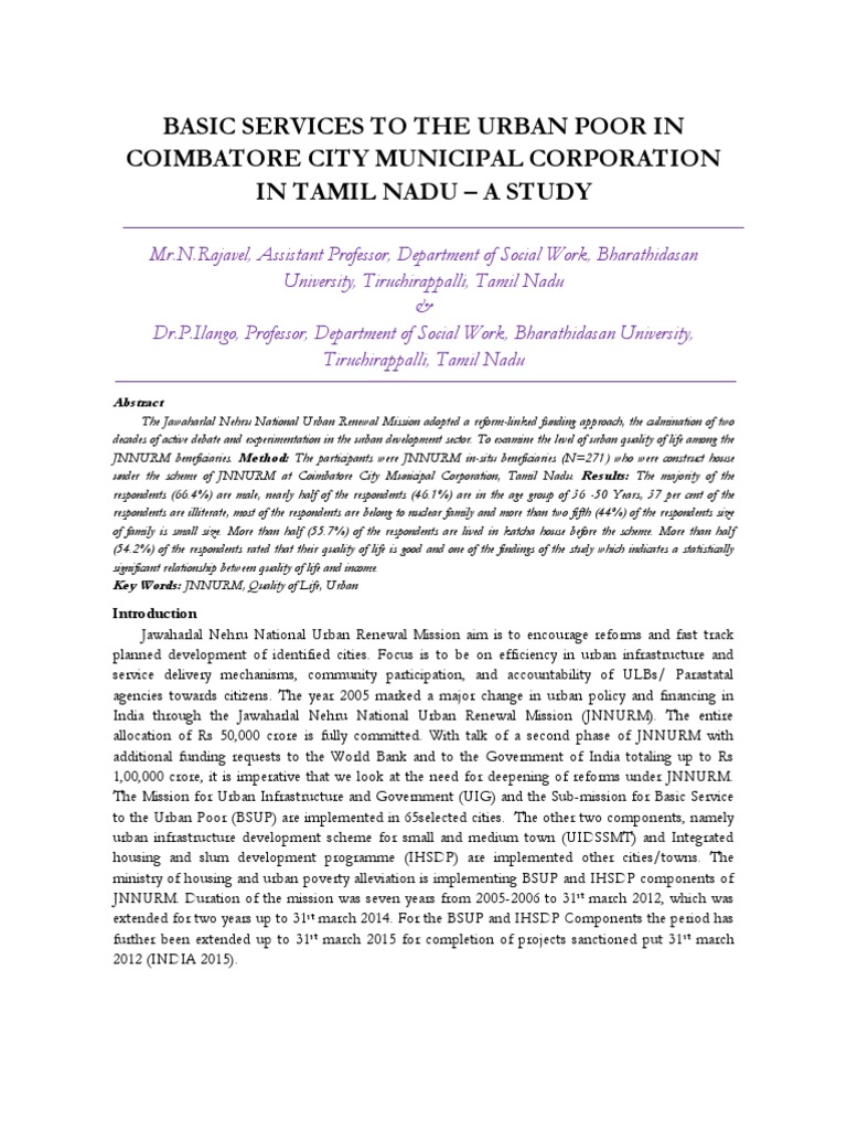 Urban Poor Services in Coimbatore Study | PDF | Business