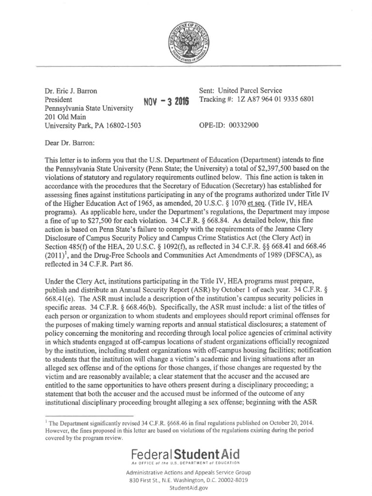 PSU Clery Act Fine Letter | PDF