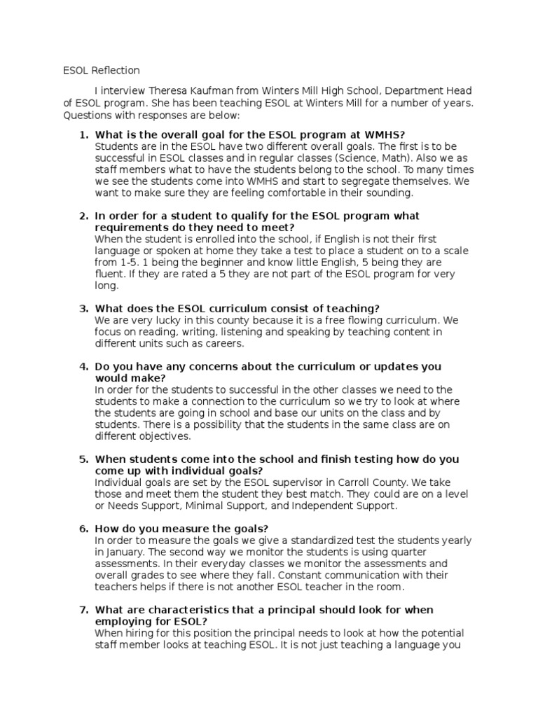 Esol Reflection | PDF | English As A Second Or Foreign Language ...