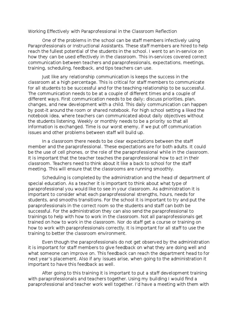 Working Effectively With Paraprofessional in The Classroom Reflections ...