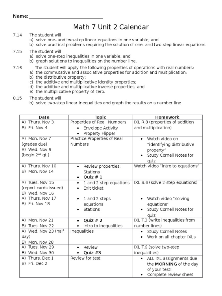 Math 7 Unit 2 Calendar | PDF