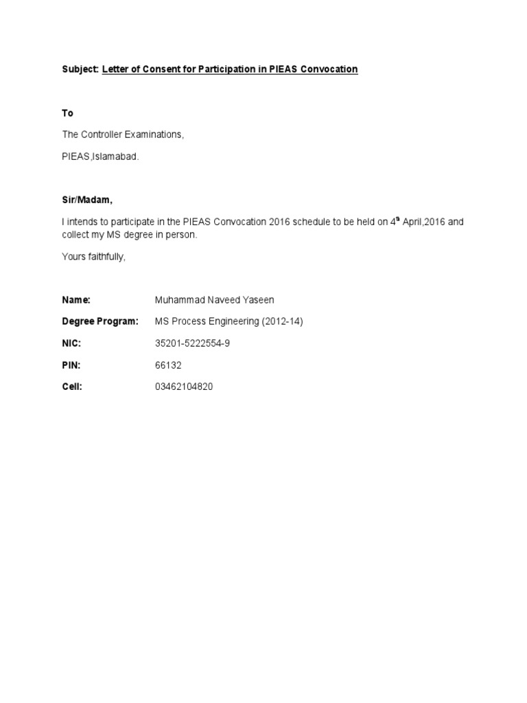Subject: Letter of Consent For Participation in PIEAS Convocation | PDF ...