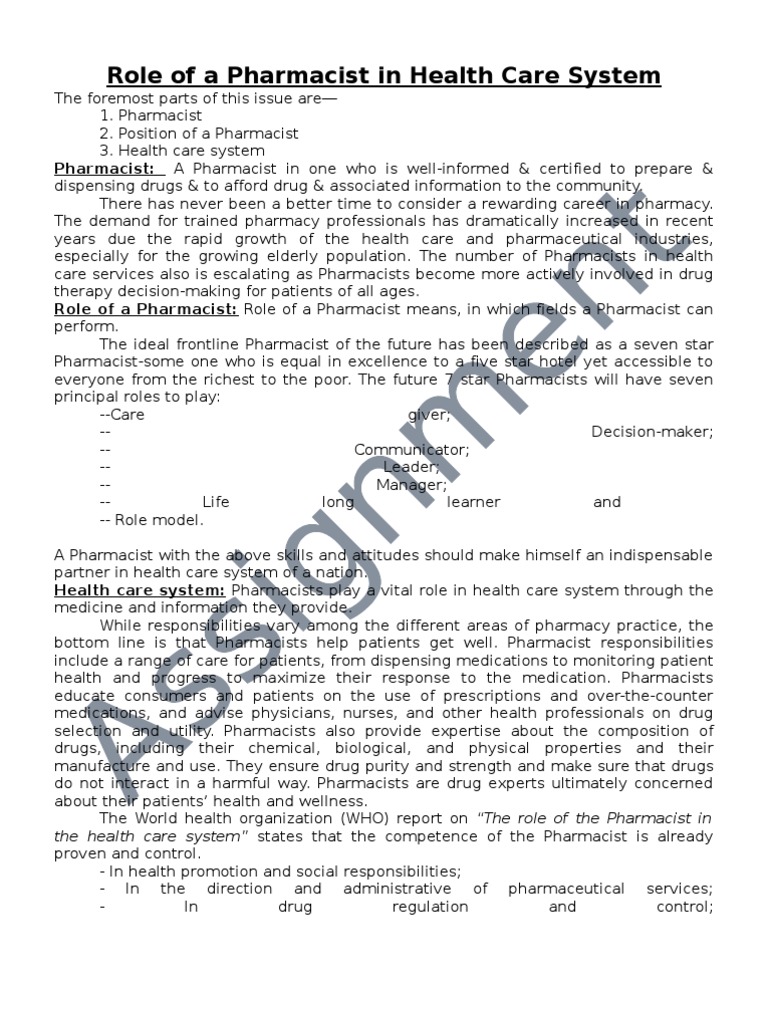 Pharmacist's Essential Role in Healthcare | PDF | Pharmacy | Health Care
