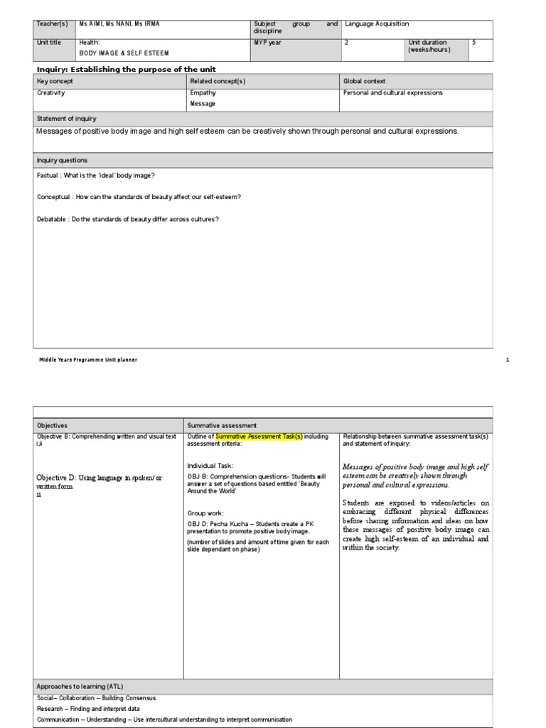Myp Unit Planner (Health) | PDF | Body Image | Educational Assessment