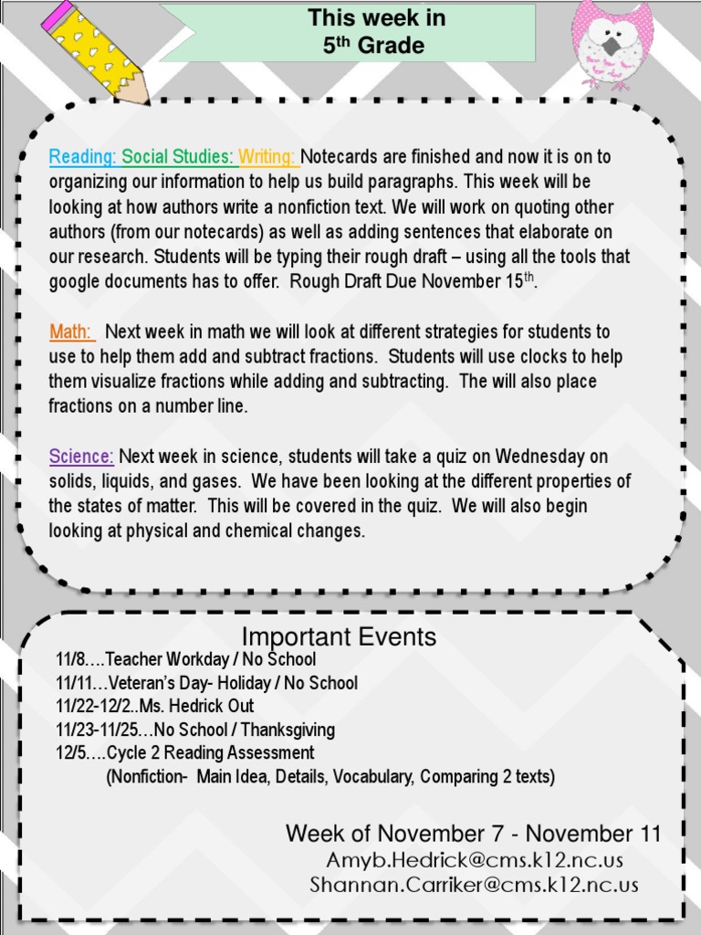 5th Grade Weekly Overview: Nov 7-11 | PDF