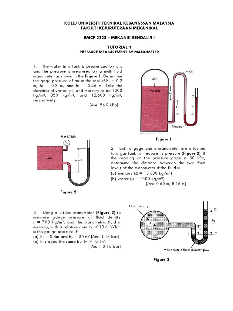 Tutorial 3 - BMCF 2223 (Manometer) | PDF | Pressure Measurement | Pressure