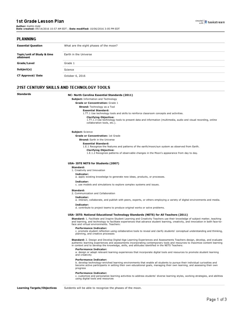 1st Grade Lesson Plan: Planning | PDF | Creativity | Collaboration