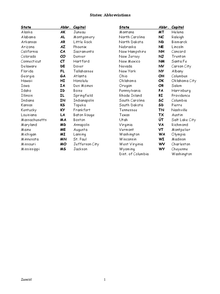 US State Abbreviations and Capitals | PDF