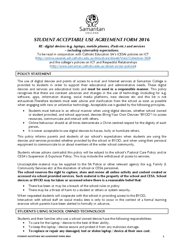 Student Acceptable Use Agreement Form 2016 | PDF | Educational ...